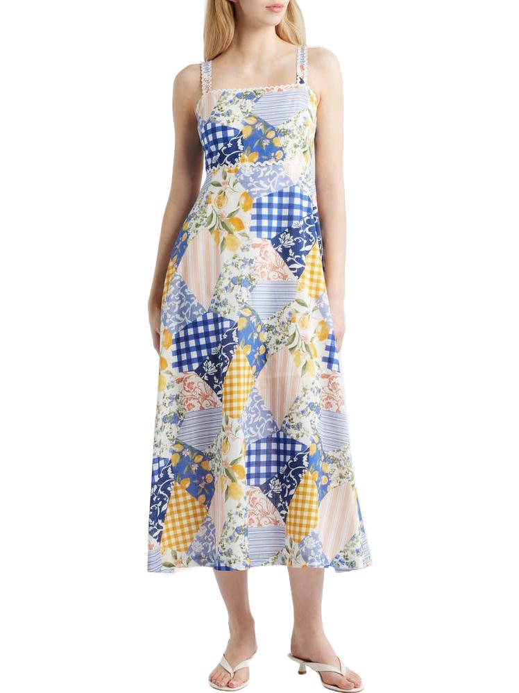 MOON RIVER MOON RIVER Patchwork Print Cotton Midi Dress